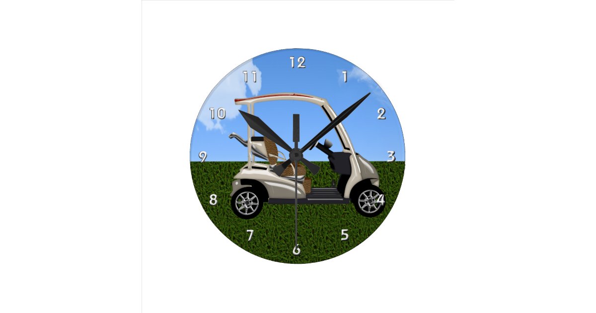 3D Golf Cart on Grass Round Clock | Zazzle