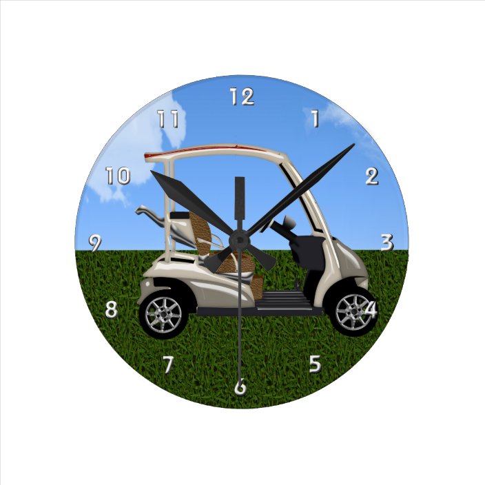 3D Golf Cart on Grass Round Clock | Zazzle