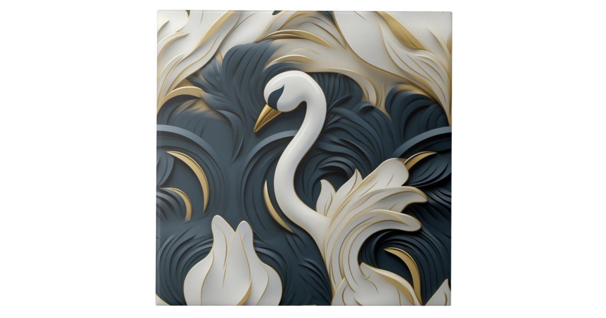 3D Swan, White Gold and Blue Ceramic Tile | Zazzle
