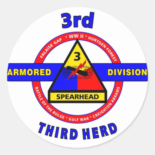 3RD ARMORED DIVISION "SPEARHEAD-THIRD HERD" CLASSIC ROUND STICKER | Zazzle