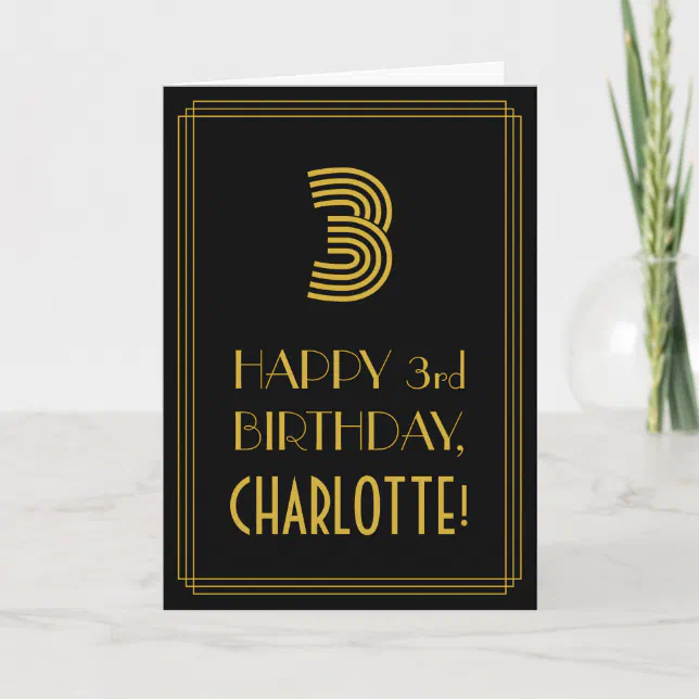 3rd Birthday: Art Deco Inspired Look "3" & Name Card | Zazzle