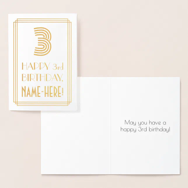 3rd Birthday - Art Deco Inspired Look "3" & Name Foil Card | Zazzle