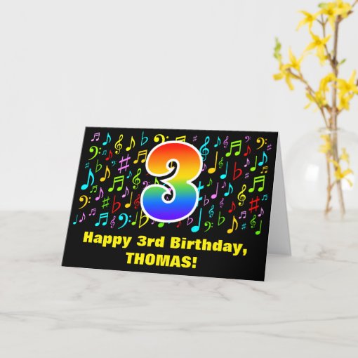 3rd Birthday - Colorful Music Symbols & Rainbow 3 Card | Zazzle