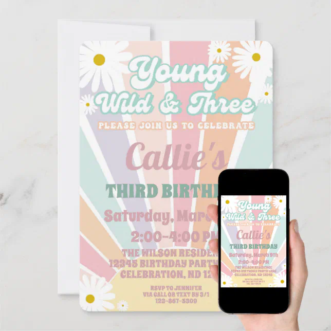 3rd Birthday Girl Retro Hippy Sun Daisy Invitation | Zazzle