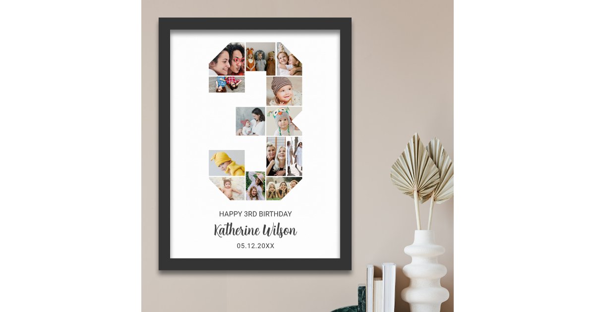 3rd Birthday Number 3 Photo Collage Custom Picture Poster | Zazzle
