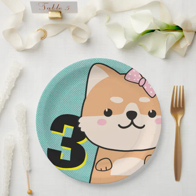 3rd Birthday Party Cute Shiba Inu Puppy Angel Paper Plates | Zazzle