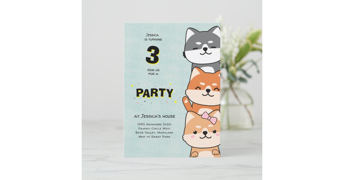 3rd Birthday Party Cute Shiba Inu Three Years Old Invitation | Zazzle