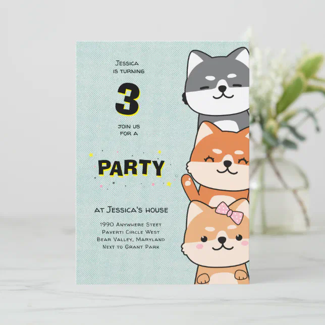 3rd Birthday Party Cute Shiba Inu Three Years Old Invitation | Zazzle