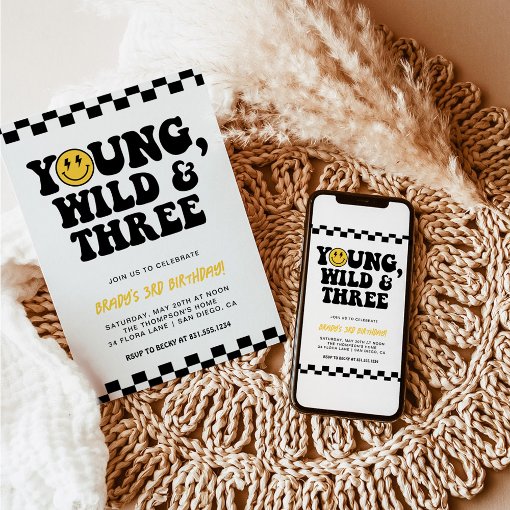 3rd Birthday Smiley Face Bolt, Young, Wild & Three Invitation | Zazzle