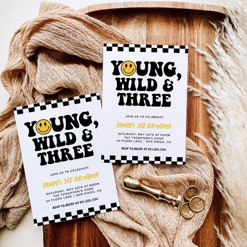 3rd Birthday Smiley Face Bolt, Young, Wild & Three Invitation | Zazzle