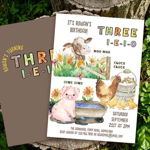 3rd Birthday Three I-E-I-O Boys Farm Animal Theme Invitation | Zazzle