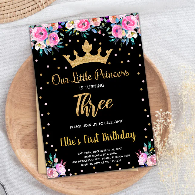 3rd Floral Crown Glitter Princess Birthday Invitation | Zazzle
