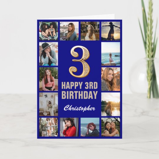 3rd Happy Birthday Navy Blue & Gold Photo Collage Card | Zazzle.com