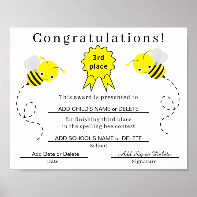3rd Place Spelling Bee Certificate for Kids Poster | Zazzle