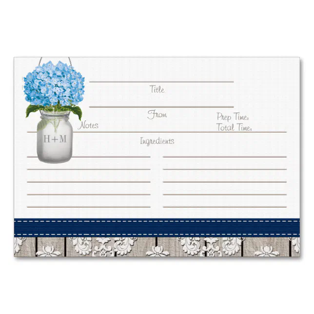 3x5 Blue Navy Hydrangea Mason Jar Recipe Cards | Zazzle