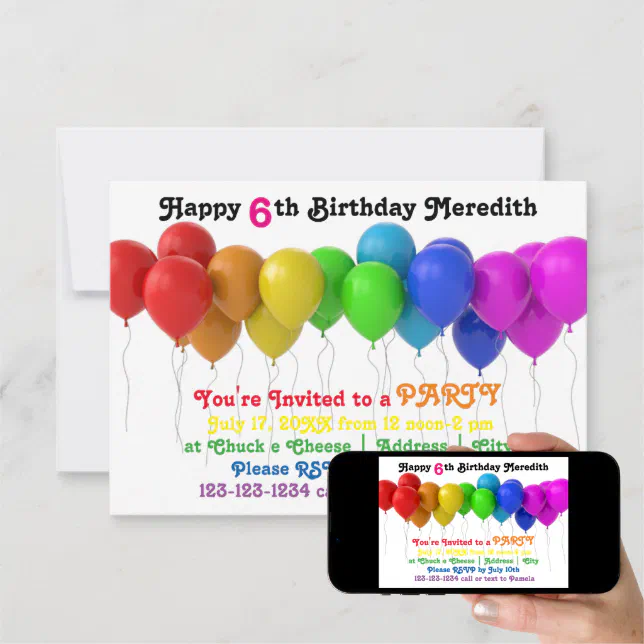 3x5 Rainbow Balloons Birthday Invitation | Zazzle