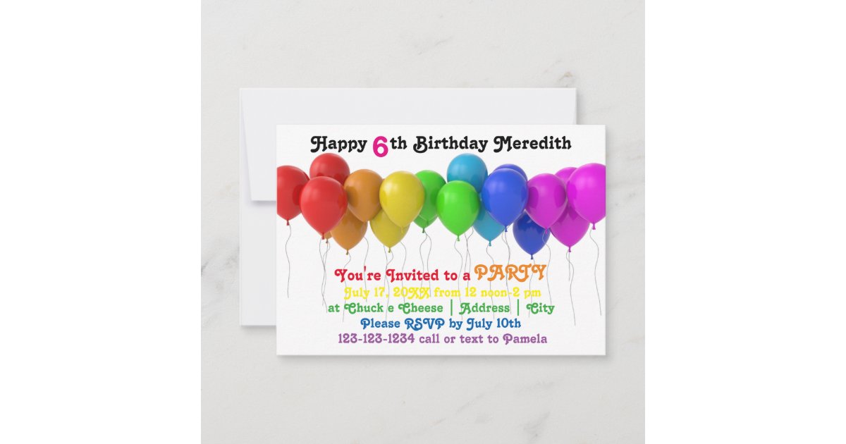 3x5 Rainbow Balloons Birthday Invitation | Zazzle
