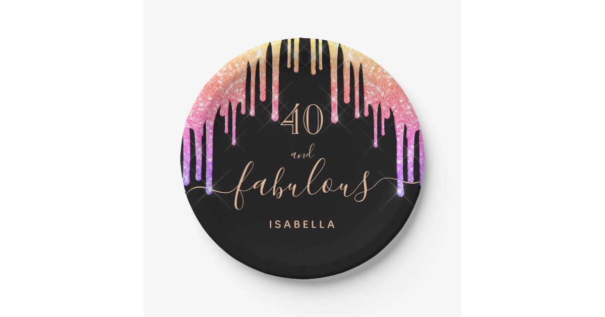 40 fabulous birthday black rainbow glitter sparkle paper plates | Zazzle