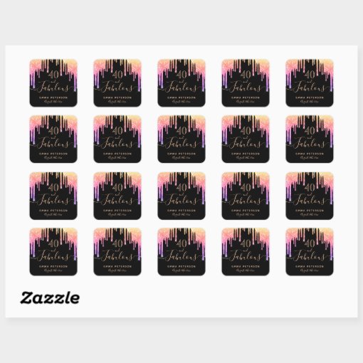 40 fabulous birthday black rainbow glitter sparkle square sticker | Zazzle