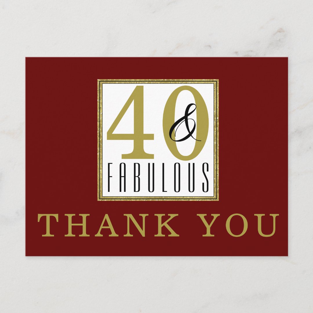 40 & Fabulous Birthday Party Burgundy Thank You Postcard | Zazzle