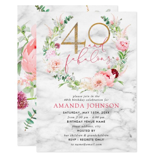 40 & Fabulous Pink & Gold Floral Marble Birthday Invitation | Zazzle.com