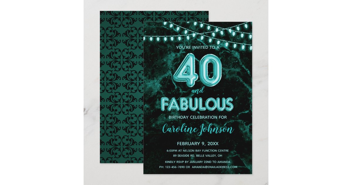 40 & Fabulous Teal Balloon Birthday Invitations | Zazzle