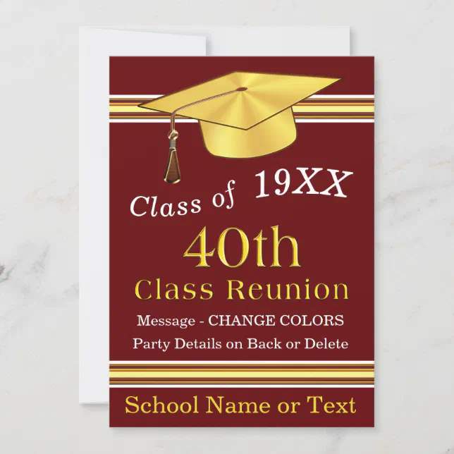 40 year Class Reunion Invitations, CHANGE COLORS Invitation | Zazzle