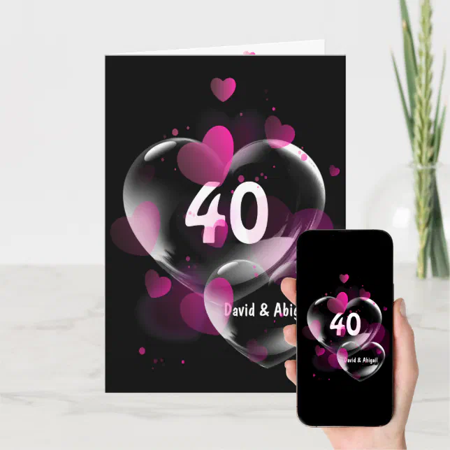 40th Anniversary Heart Bubbles on Black Card | Zazzle