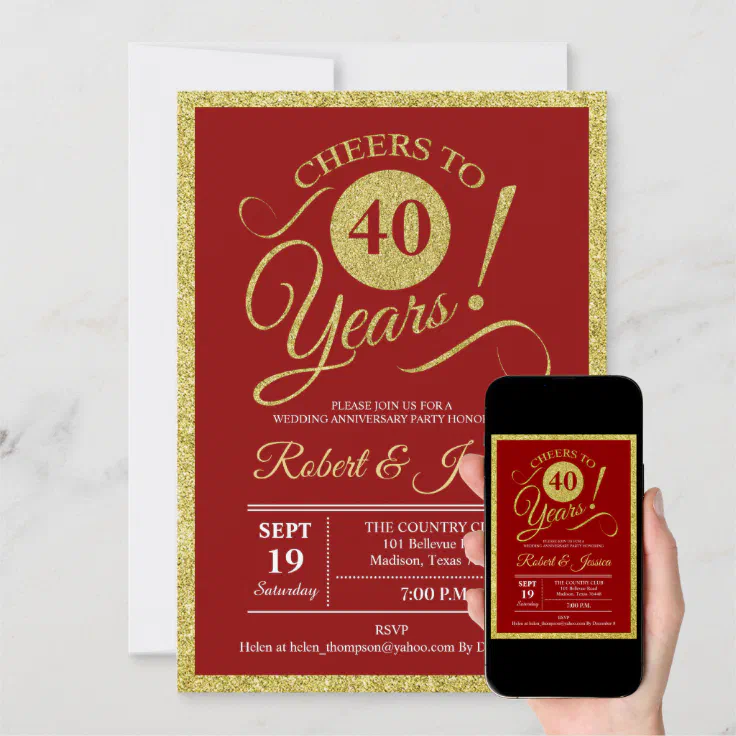 40th Anniversary Party - Ruby Red Gold Invitation | Zazzle