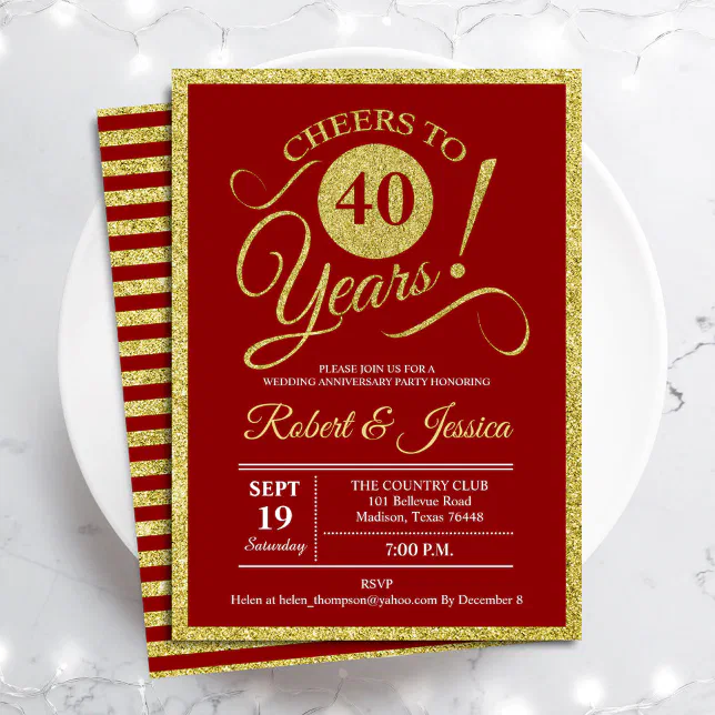 40th Anniversary Party - Ruby Red Gold Invitation | Zazzle