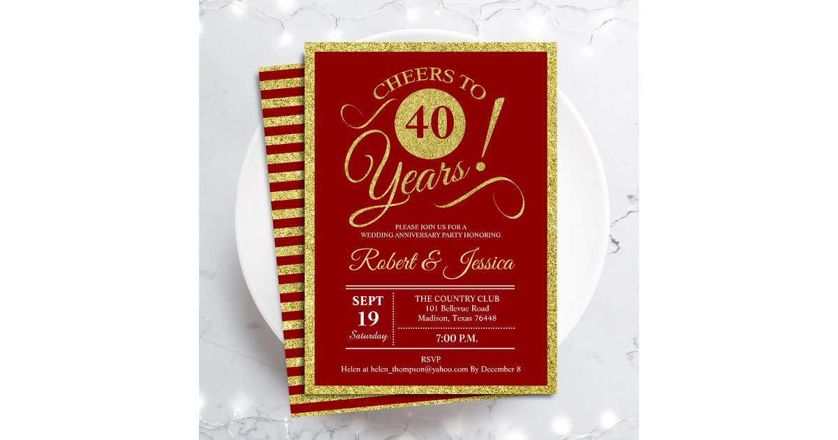 40th Anniversary Party - Ruby Red Gold Invitation | Zazzle