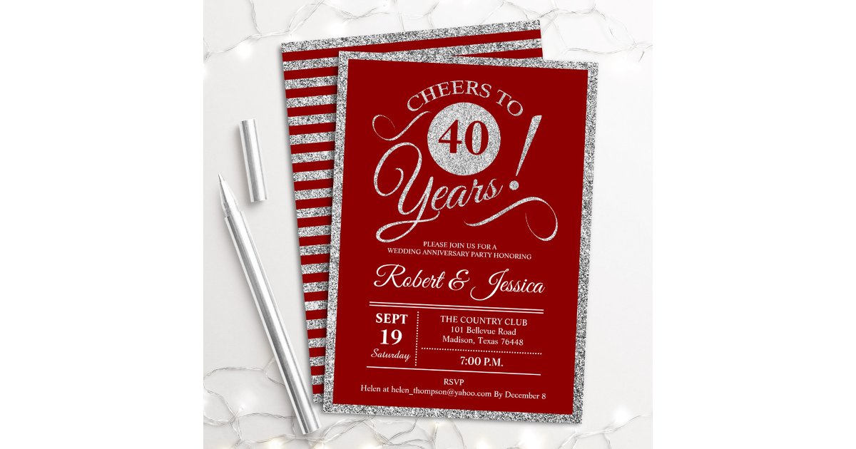 40th Anniversary Party - Ruby Red Silver Invitation | Zazzle