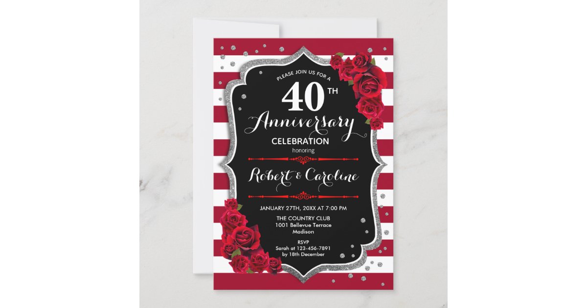 40th Anniversary - Ruby Red Silver Black Invitation | Zazzle