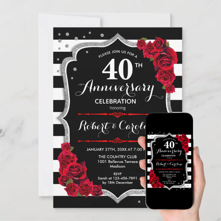40th Anniversary - Ruby Red Silver Black White Invitation | Zazzle