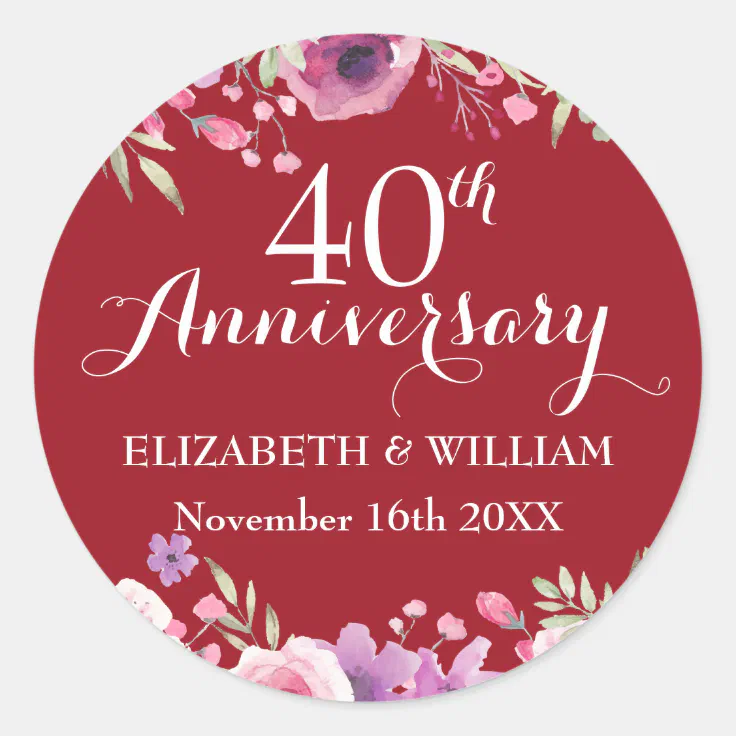 40th Anniversary Watercolour Roses Classic Round Sticker | Zazzle