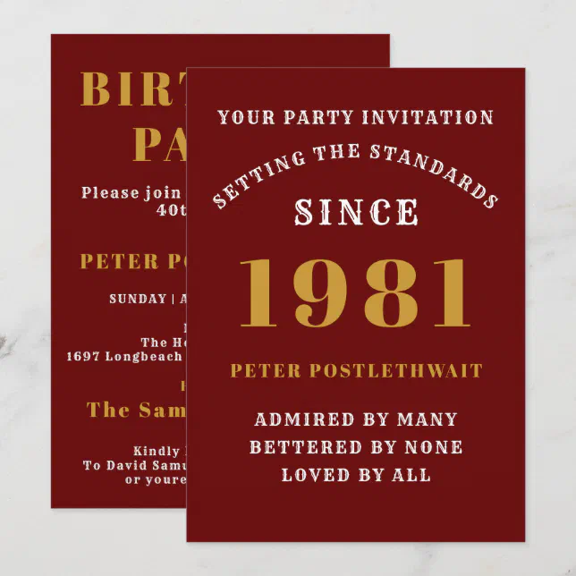 40th Birthday 1981 Red Gold Personalized For Him Invitation | Zazzle