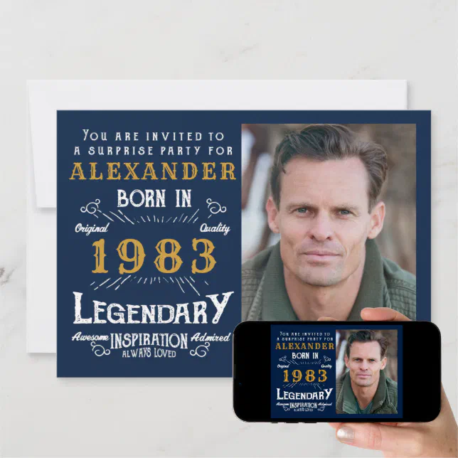 40th Birthday 1983 Legend Retro Blue Gold Invitation | Zazzle