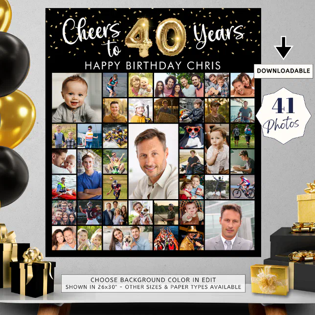 40th Birthday 41 Photo Collage Cheers to 40 Years Poster | Zazzle