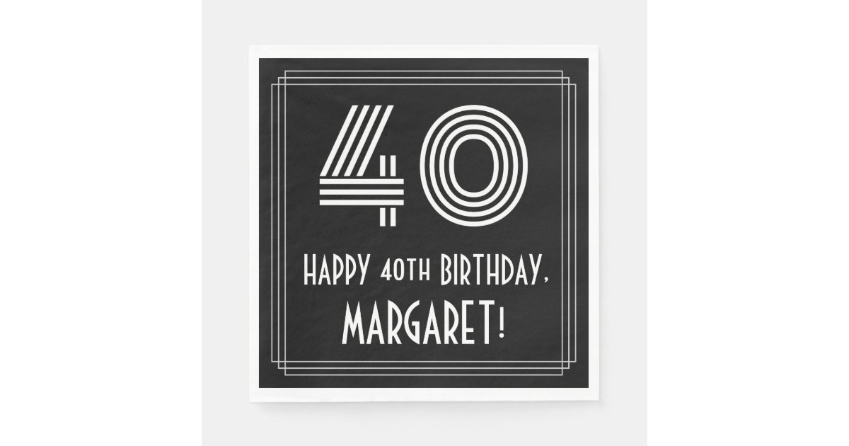 40th Birthday: Art Deco Inspired Look "40" + Name Napkins | Zazzle
