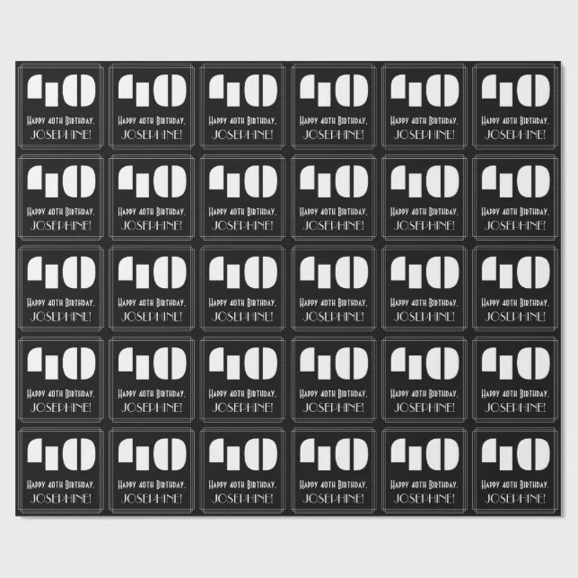 40th Birthday: Art Deco Inspired Look "40" & Name Wrapping Paper | Zazzle