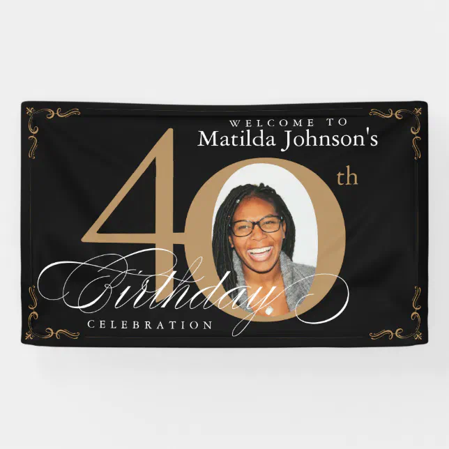 40th Birthday Black Gold Calligraphy Custom Photo Banner | Zazzle