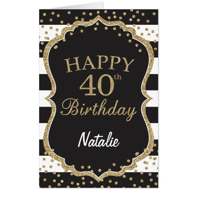40th Birthday Black Gold Glitter Extra Large Jumbo Card | Zazzle