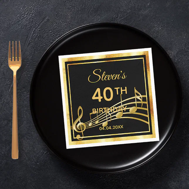 40th birthday black gold music name napkins | Zazzle