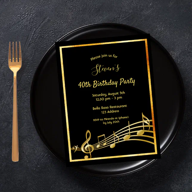 40th birthday black gold music notes invitation | Zazzle