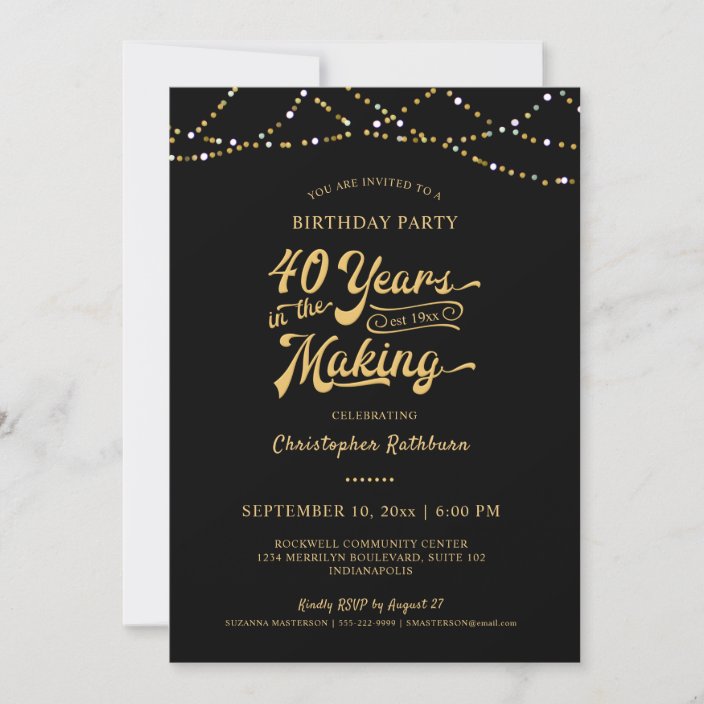 40th Birthday Black Gold String Lights Invitation | Zazzle