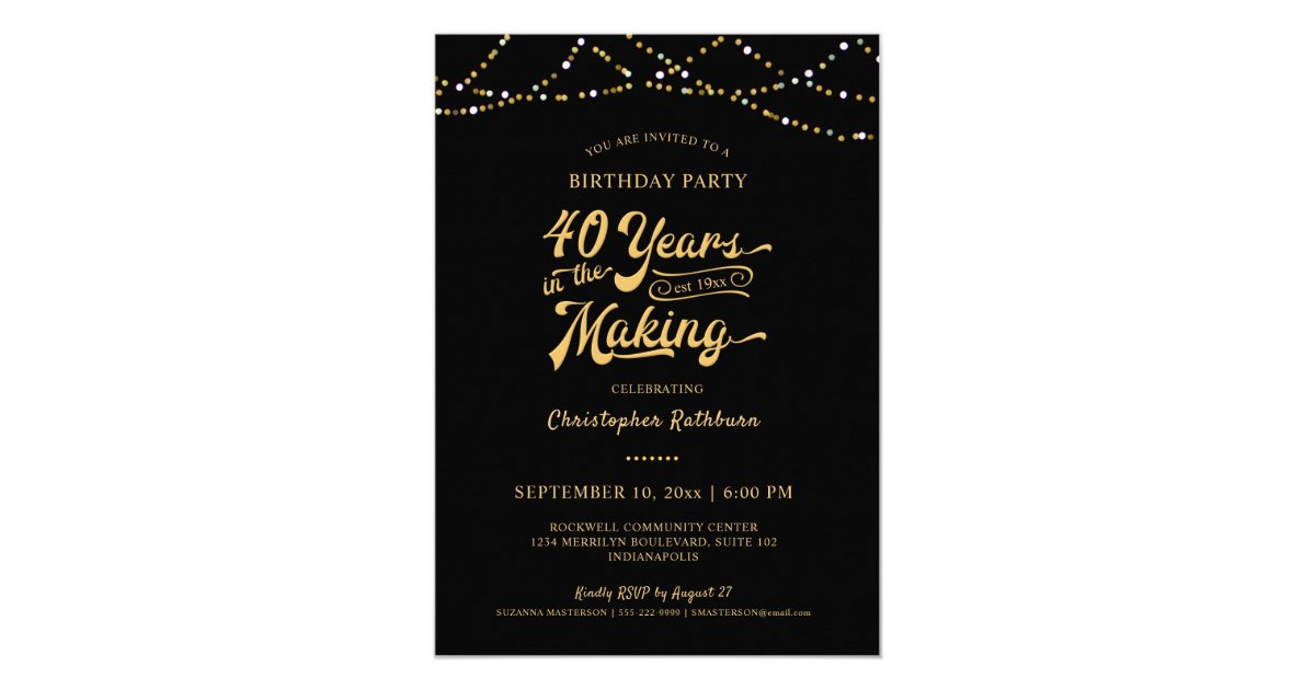 40th Birthday Black Gold String Lights Invitation | Zazzle.com