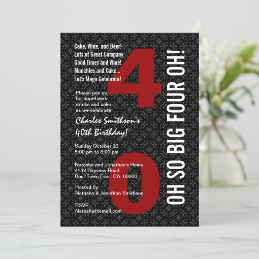 40th Birthday Black White Red BIG FOUR OH! Invitation | Zazzle