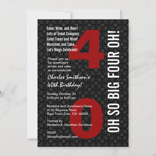 40th Birthday Black White Red BIG FOUR OH! Invitation | Zazzle.com