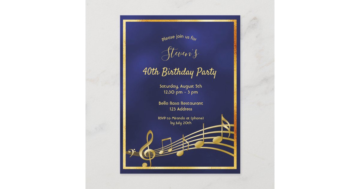 40th birthday blue gold music notes invitation | Zazzle