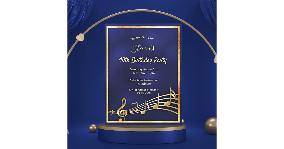 40th birthday blue gold music notes invitation | Zazzle